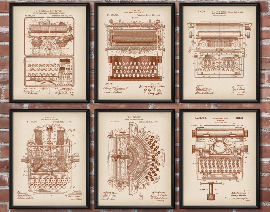 6 Typewriter Patent Art, Type Writing Machine Blueprint, Stenograph ...