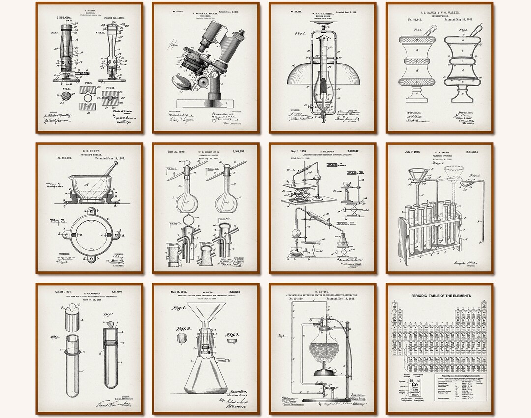 12 Vintage Chemistry Patent Prints Laboratory Tools Blueprint Pharmacy ...