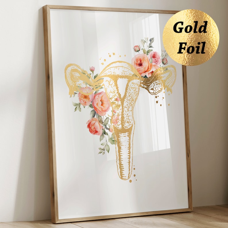 Floral Uterus Art, Gold Anatomy Art, Reproductive System, Medical Art ...