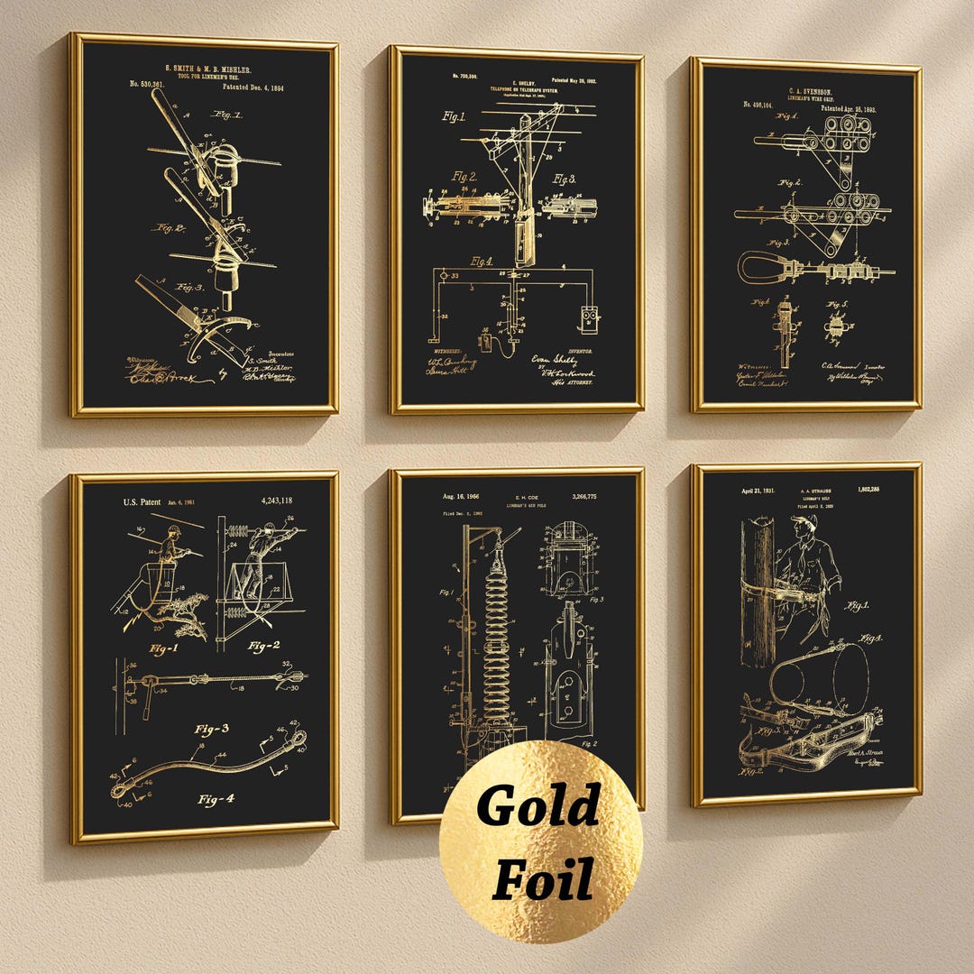 6 Lineman Patent Prints Power Line Worker Blueprint Electrical Art ...