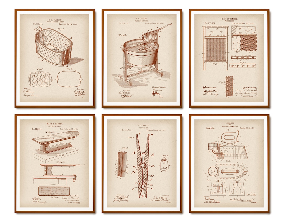 6 Laundry Room Patent Prints Washing Blueprint Cleaning Art Vintage ...