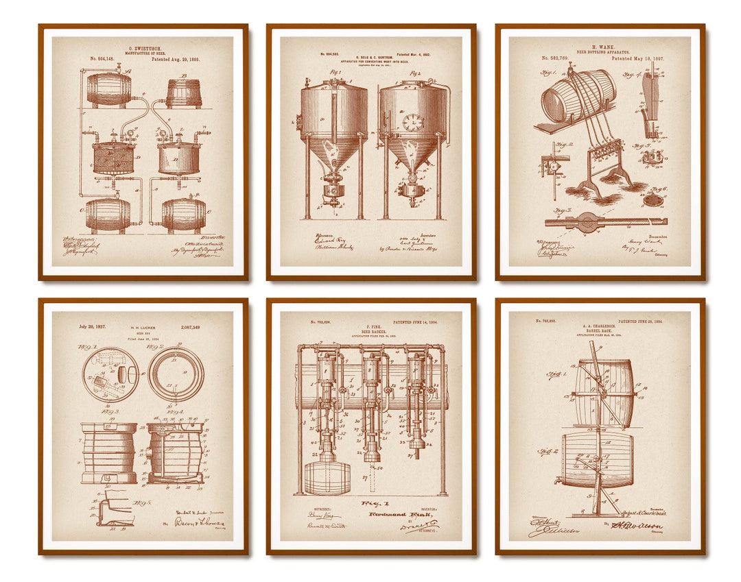 6 Beer Patent Prints Beer Making Equipment Blueprint Manufacture Poster ...