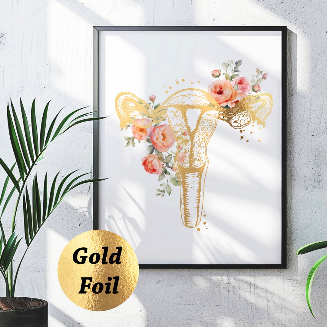 Floral Uterus Art, Gold Anatomy Art, Reproductive System, Medical Art ...