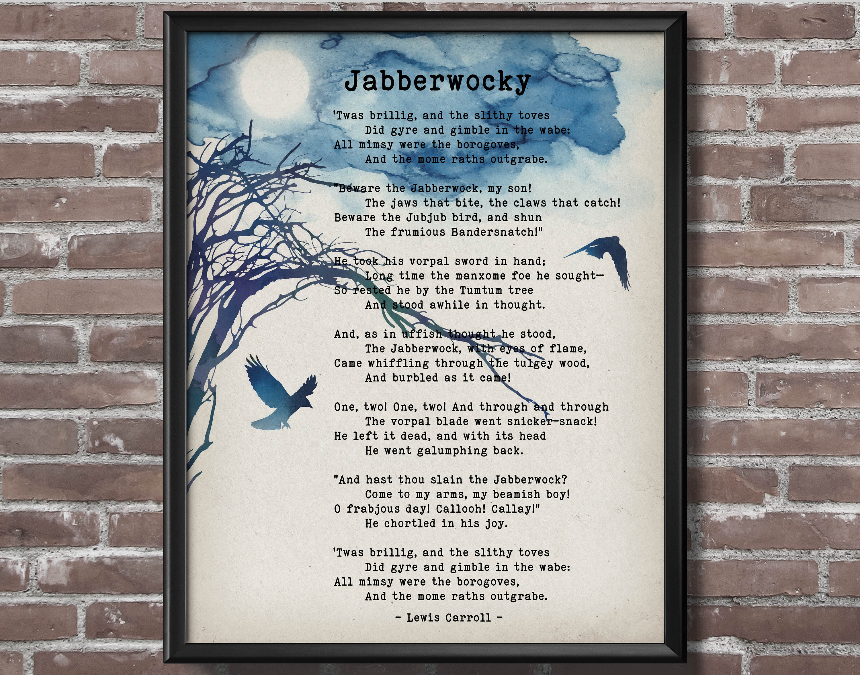 Jabberwocky by Lewis Carroll Poem Art Alice in Wonderland Poem Inspirational Poem Poster Quote ...