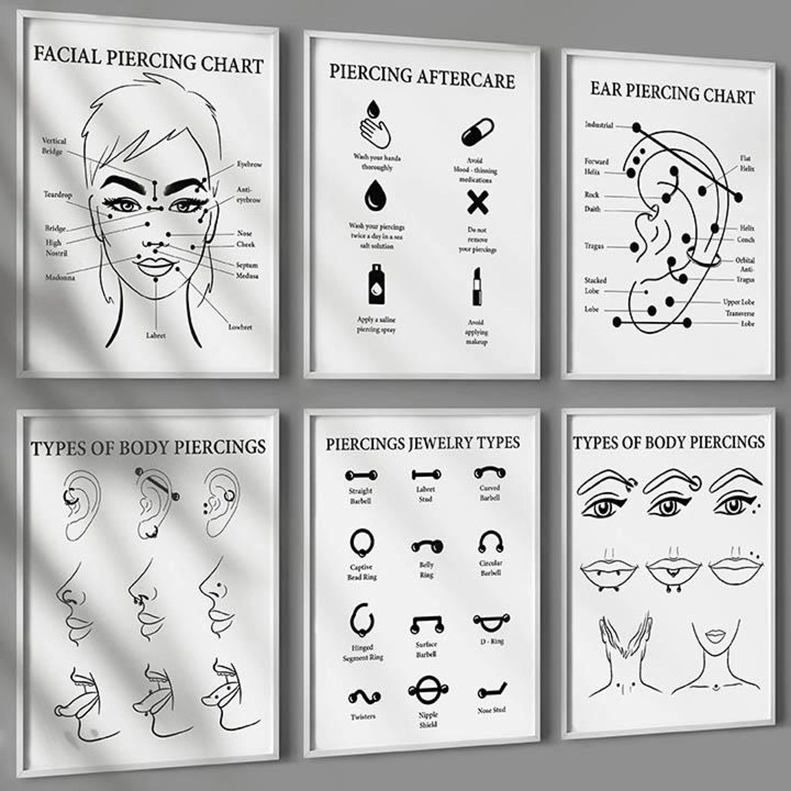 Set 6 Piercing Art Ear Piercing Chart Face Piercing Piercing Aftercare ...