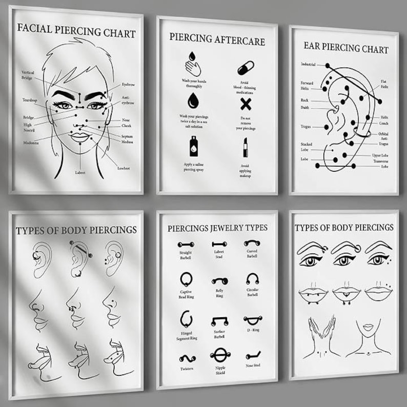 Set 6 Piercing Art Ear Piercing Chart Face Piercing Piercing Aftercare ...