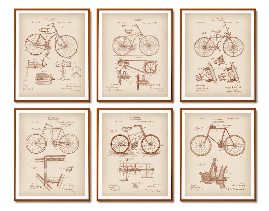 Set 6 Vintage Bicycle Patent Prints, Transport Blueprint, Bike Poster ...