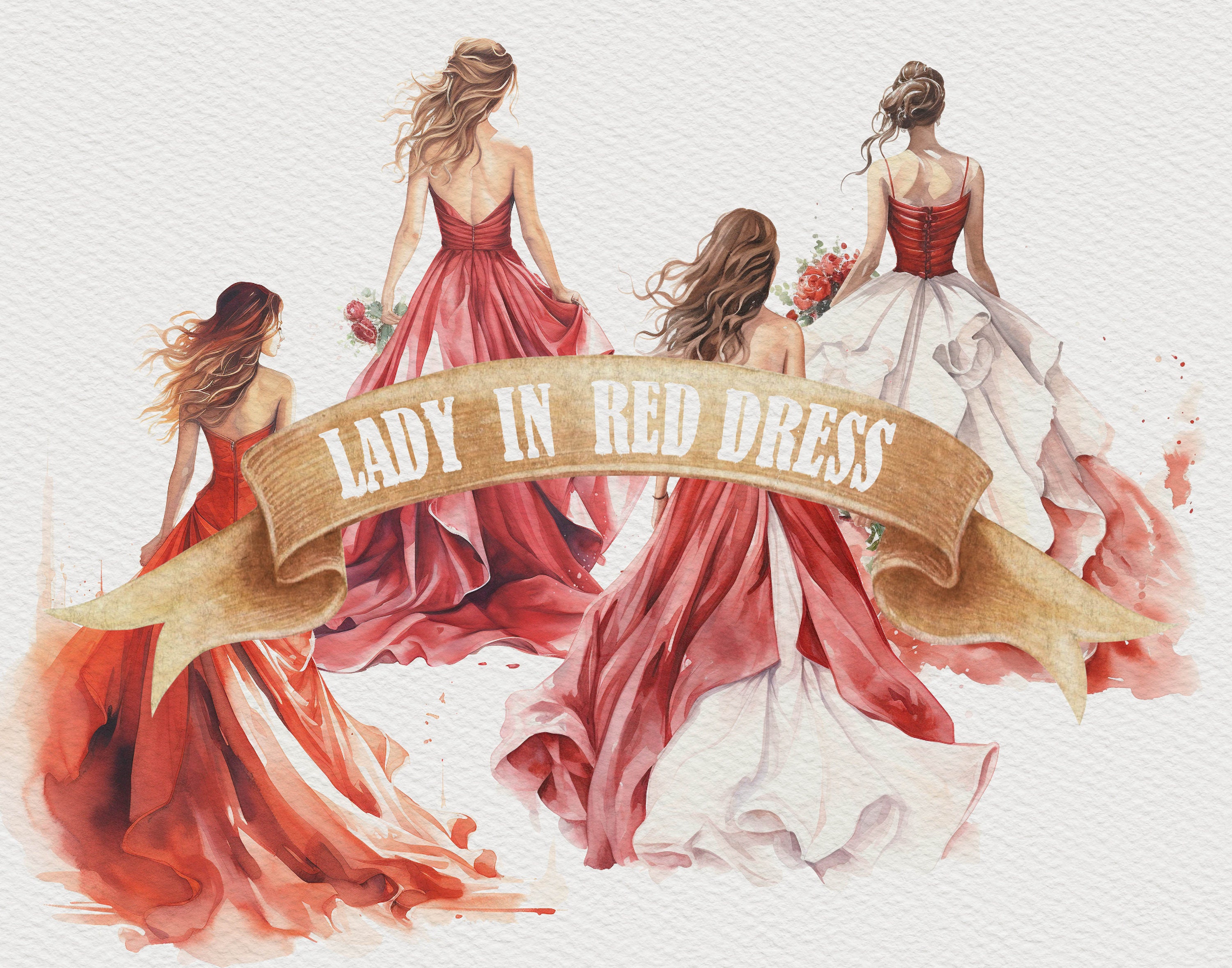 4 Lady in Red Dress Clipart Bride in Red Dress Watercolor Wedding Dress ...