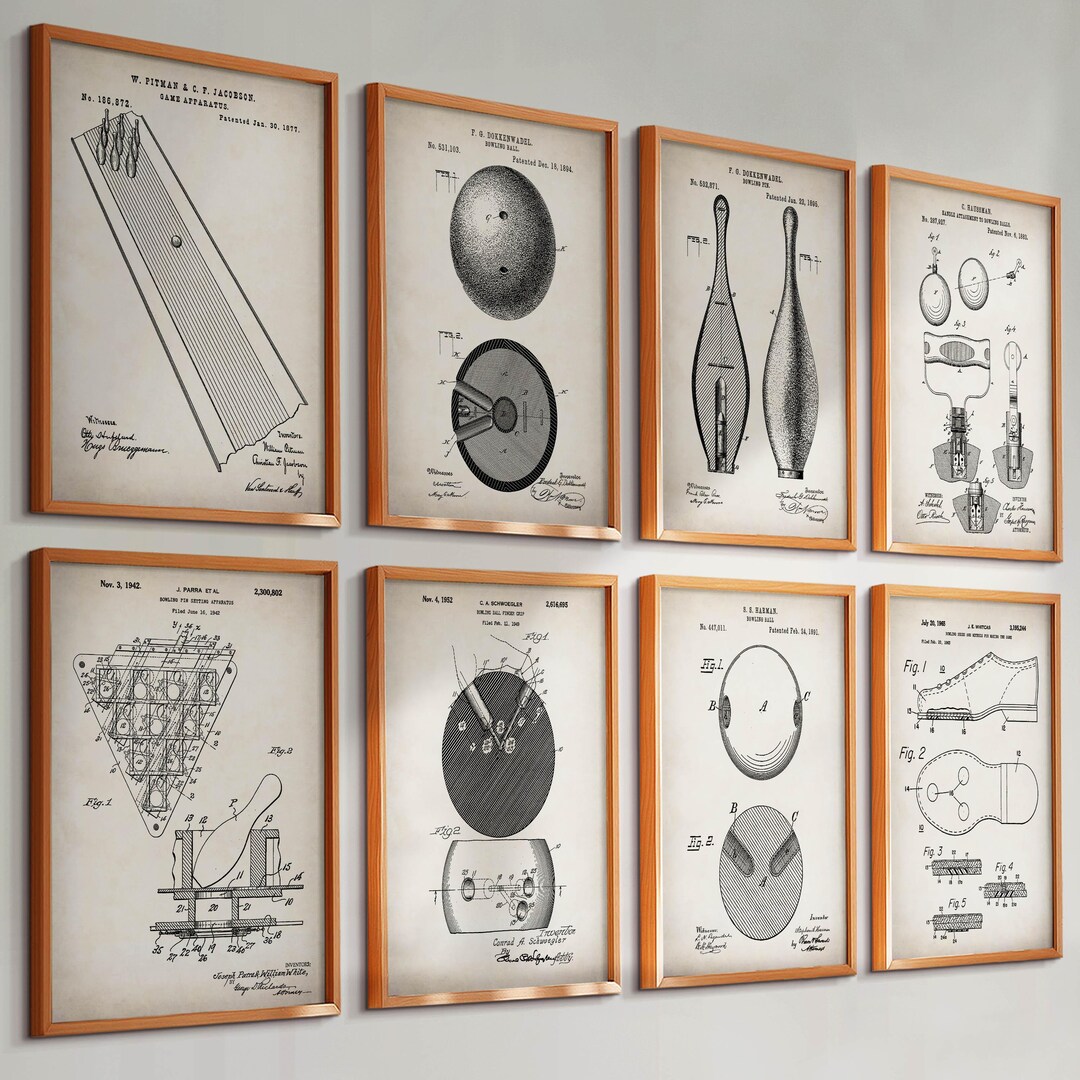 8 Vintage Bowling Patent Prints Kegling Game Blueprint Team Game Art ...
