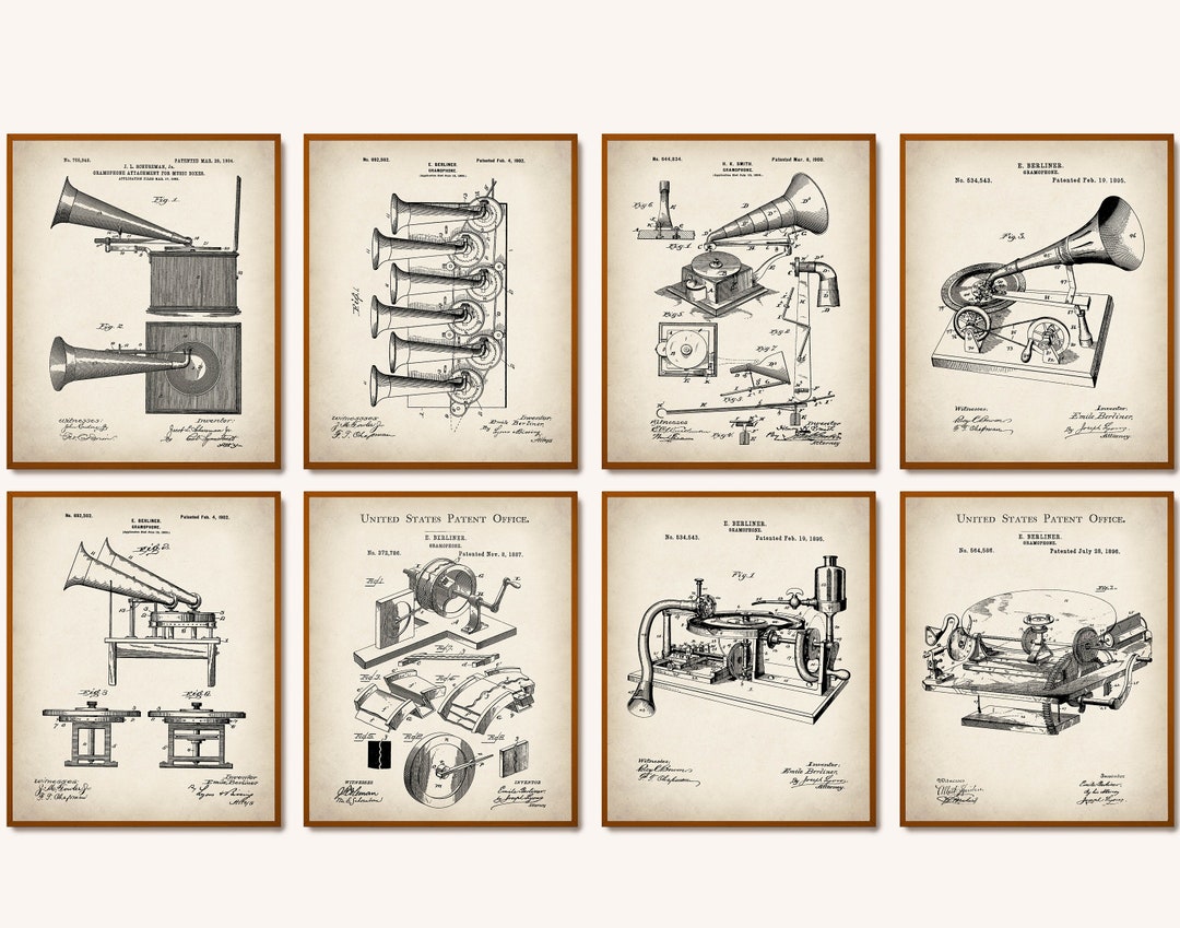 8 Vintage Gramophone Patent Prints Retro Record Player Blueprint ...