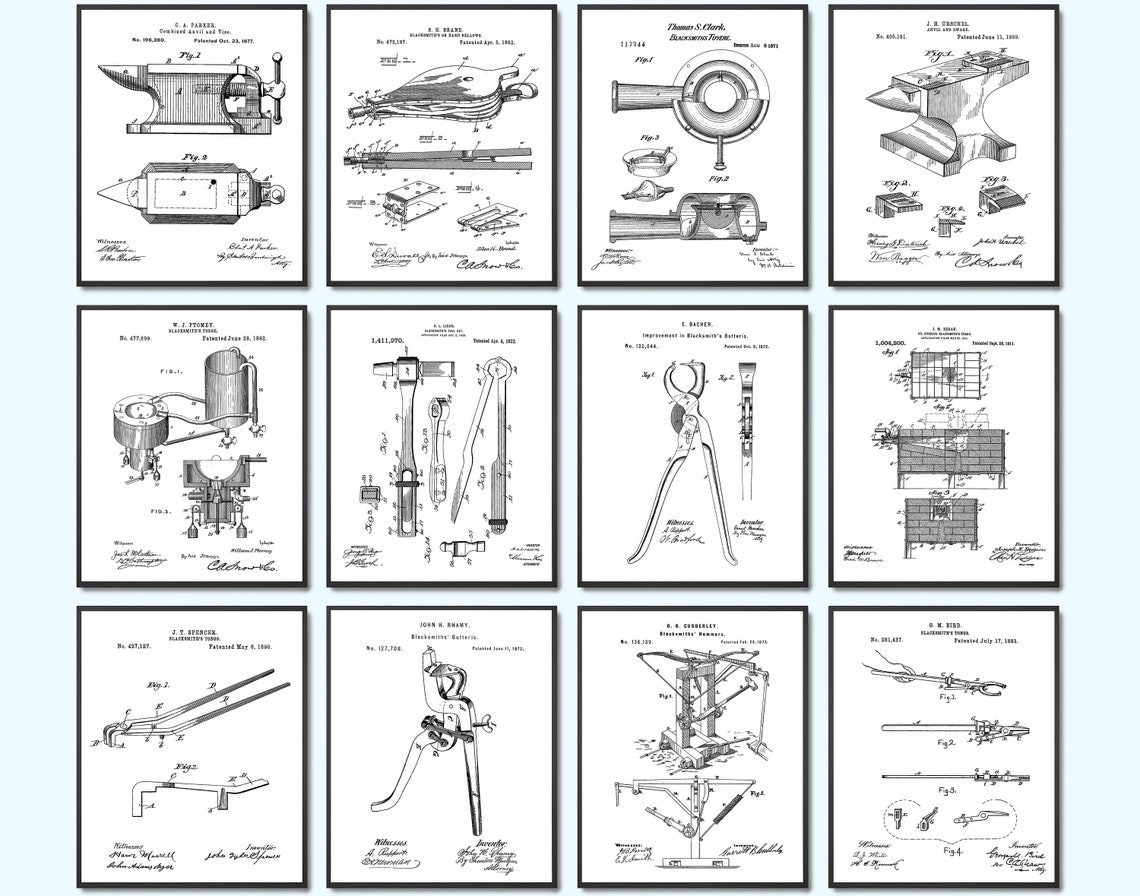 12 Metalworker Patent Prints Blacksmith Blueprint Forge Poster Smithing ...