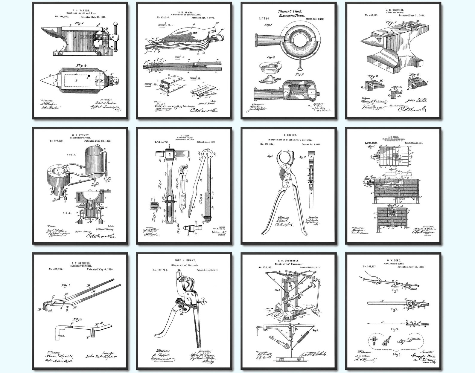 12 Metalworker Patent Prints Blacksmith Blueprint Forge Poster Smithing ...
