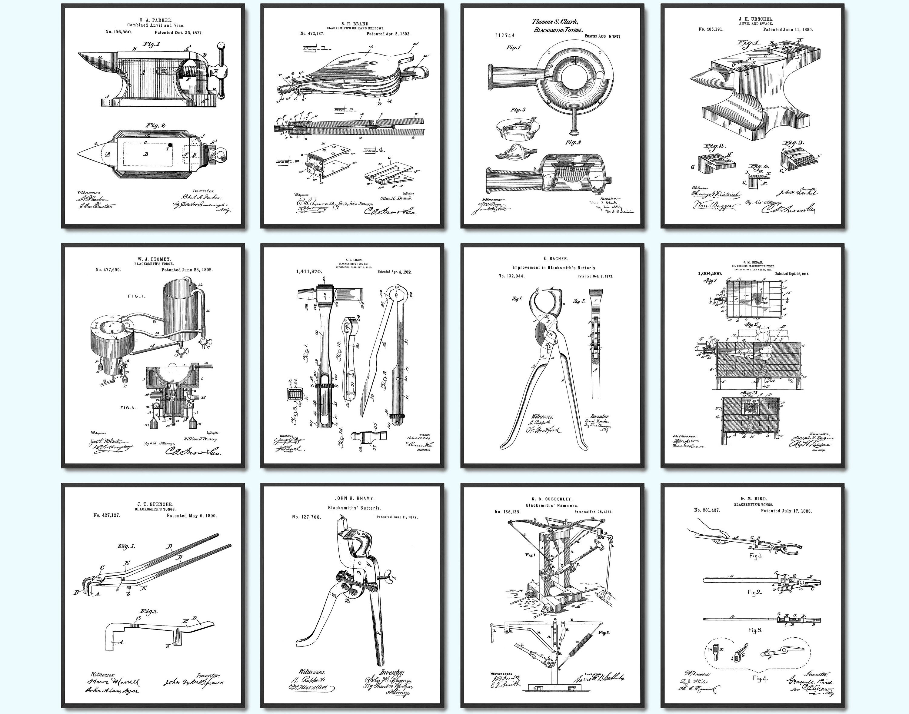 12 Metalworker Patent Prints Blacksmith Blueprint Forge Poster Smithing ...