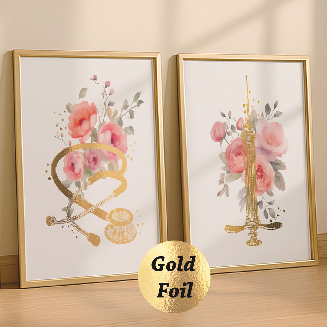 2 Gold Medical Posters Syringe Art Stethoscope Art Nursing Art Medical ...