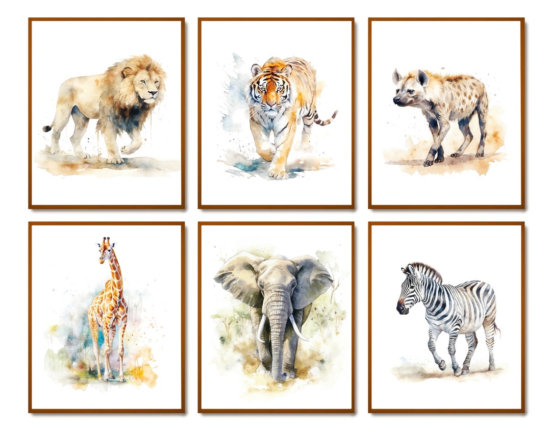 6 Watercolor Animal Print Wild Animal Painting Safari Animal Art ...