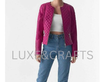 Women's Hot Pink Solid Motorcycle Biker Leather Jacket, Women's Pink ...