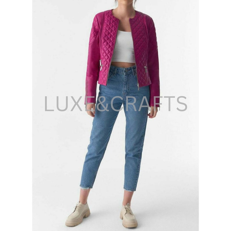 Women's Fuchsia Pink Solid Casual Motorcycle Biker Leather Jacket ...