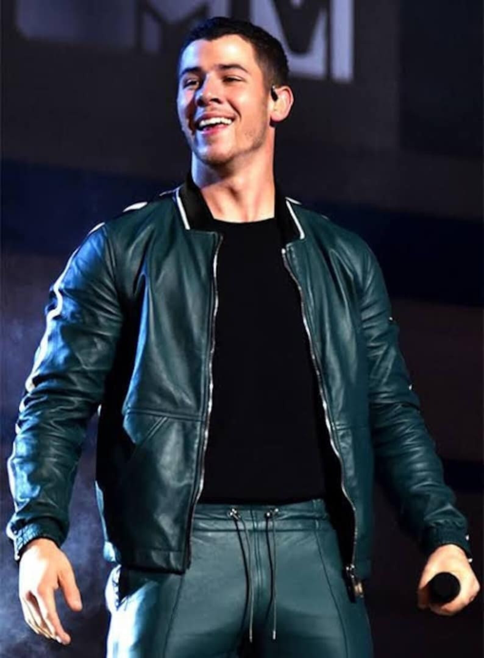 Nick Jonas MTV Video Music Awards Olive Green Leather Tracksuit Set / Leather Jacket and Jogger ...