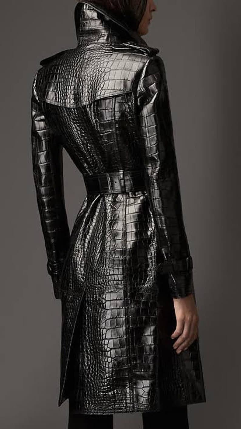 Women Red Crocodile Print Solid Double Breasted Leather Trench Coat ...