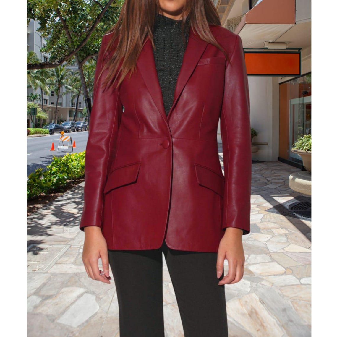 Women's Burgundy Red Slim-fit Business Genuine Leather Blazer, Women's ...