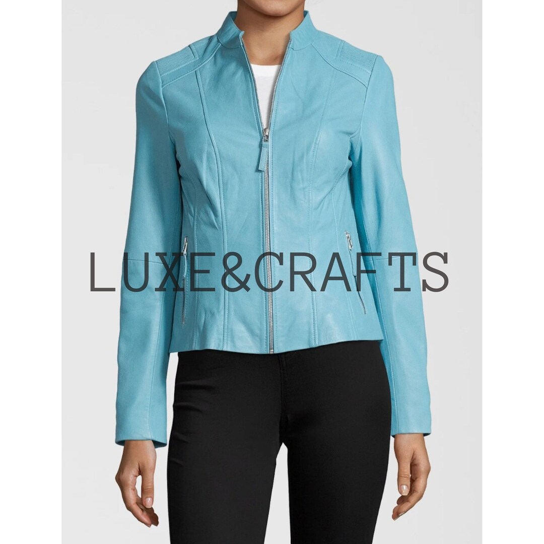 Women's Turquoise Blue Solid Casual Motorcycle Leather Jacket, Women's ...