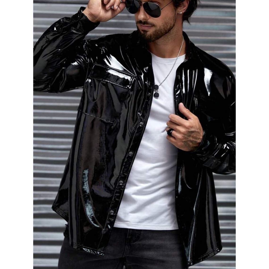 Men Black Patent Solid Casual Tailored Motorcycle Biker Leather Jacket ...