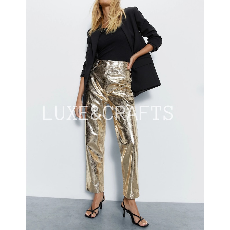 Women's Gold Metallic Foil Solid Tailored Western Leather Trousers ...