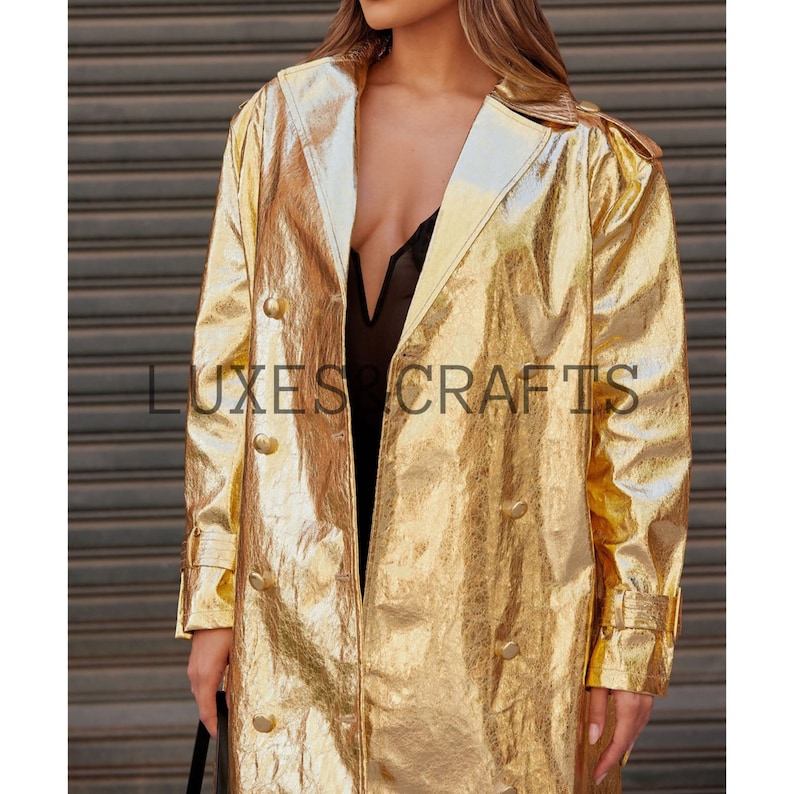 Women's Gold Metallic Foil Solid Casual Double Breasted Leather Trench ...