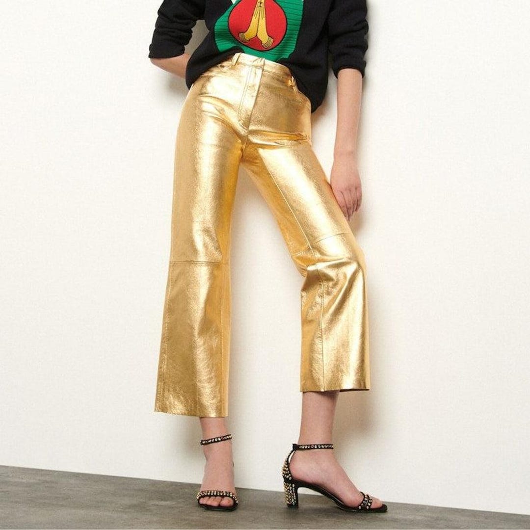 Women's Rich Gold Metallic Foil Effect Tailored Genuine Lamb Leather ...