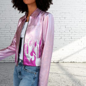 Womens Pink Metallic Foil Effect Genuine Leather Jacket With Fuchsia ...