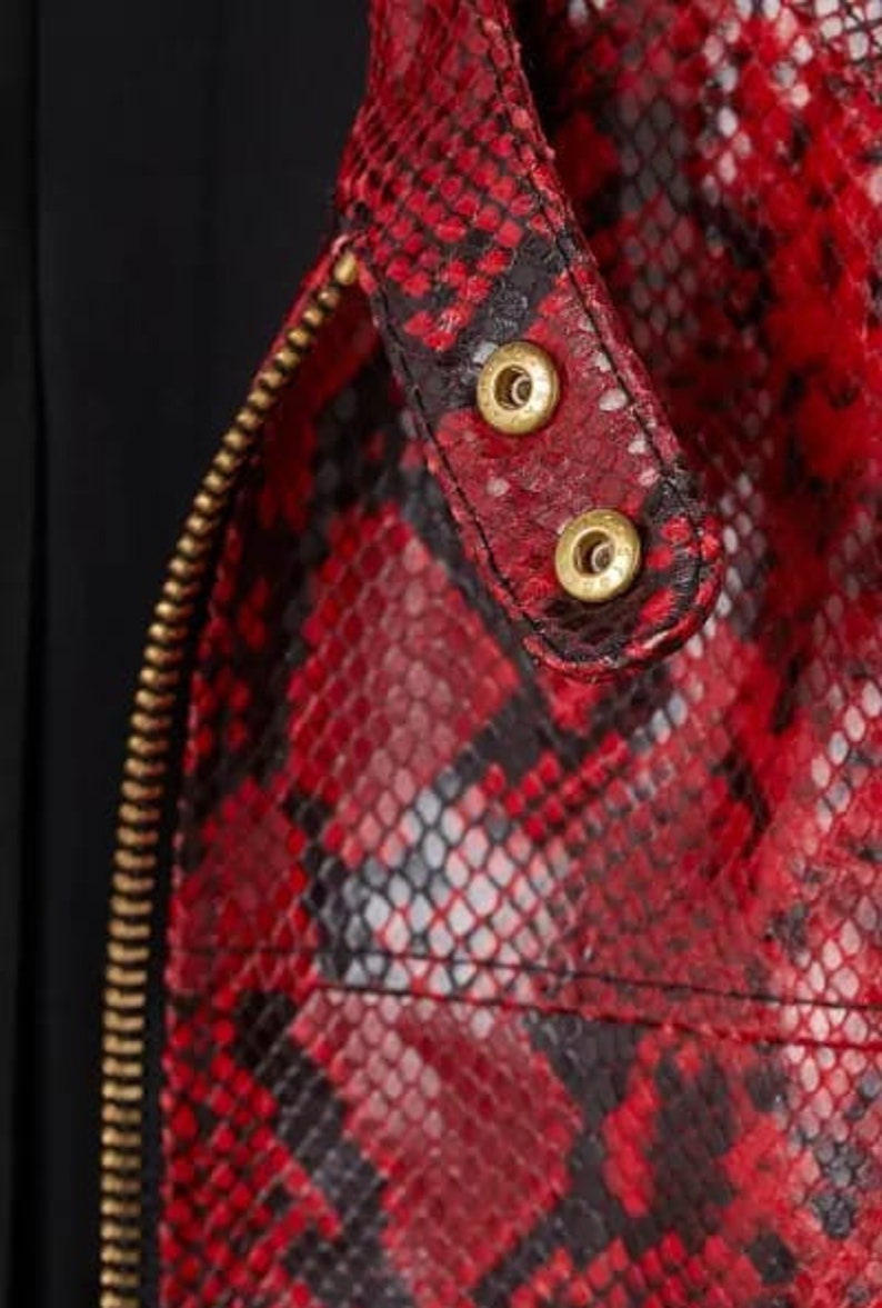 Men's Red Python Print Solid Casual Motorcycle Biker Leather Jacket ...