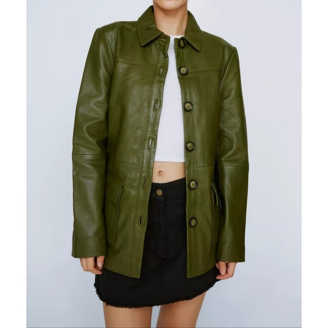 Women's Olive Green Oversized Solid Casual Leather Jacket, Women's ...