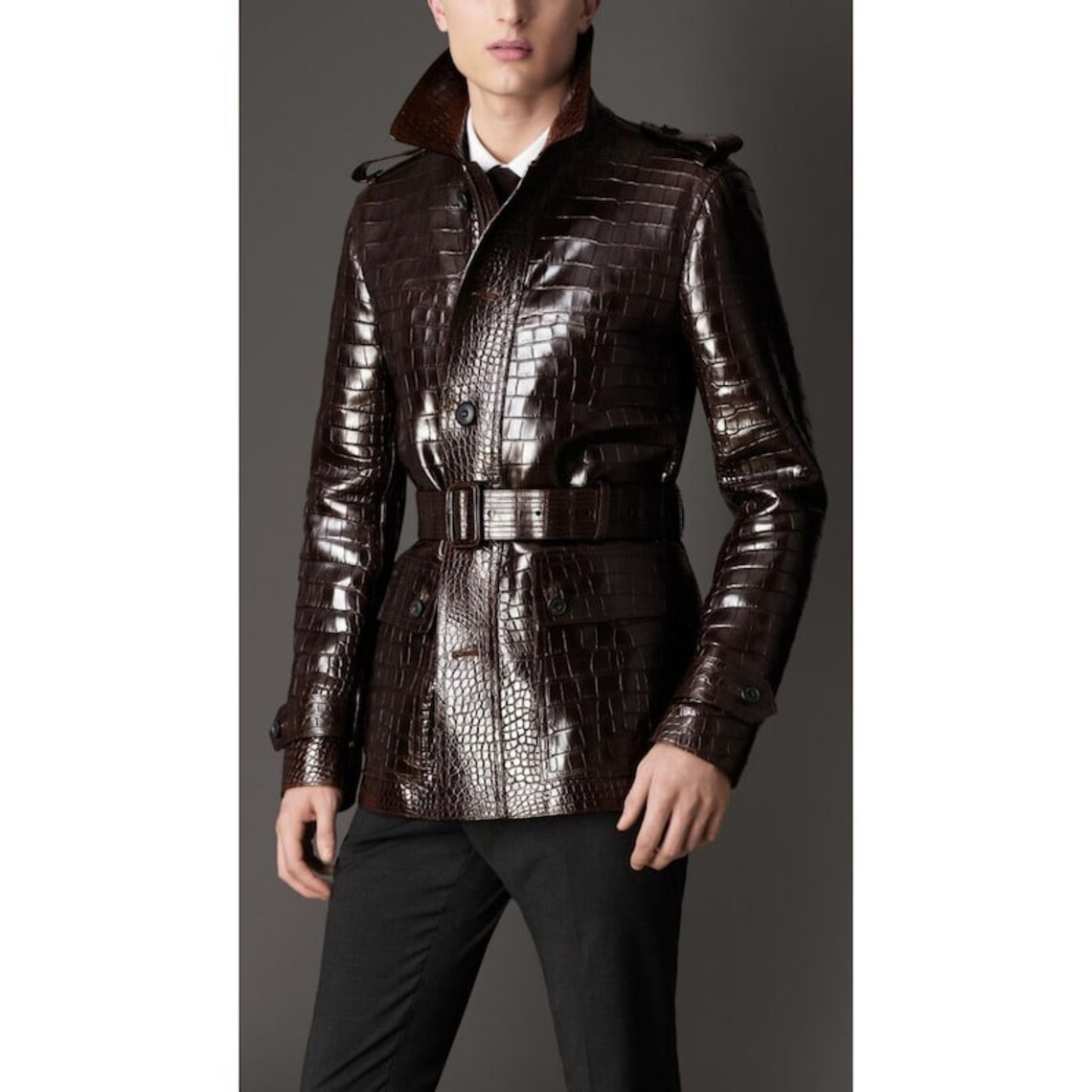 Men's Brown Croc Embossed Effect Leather Trench Coat, Men's Brown ...