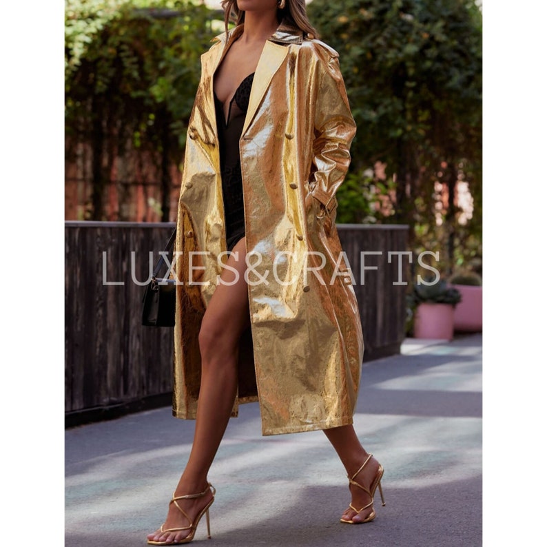 Women's Gold Metallic Foil Solid Casual Double Breasted Leather Trench ...