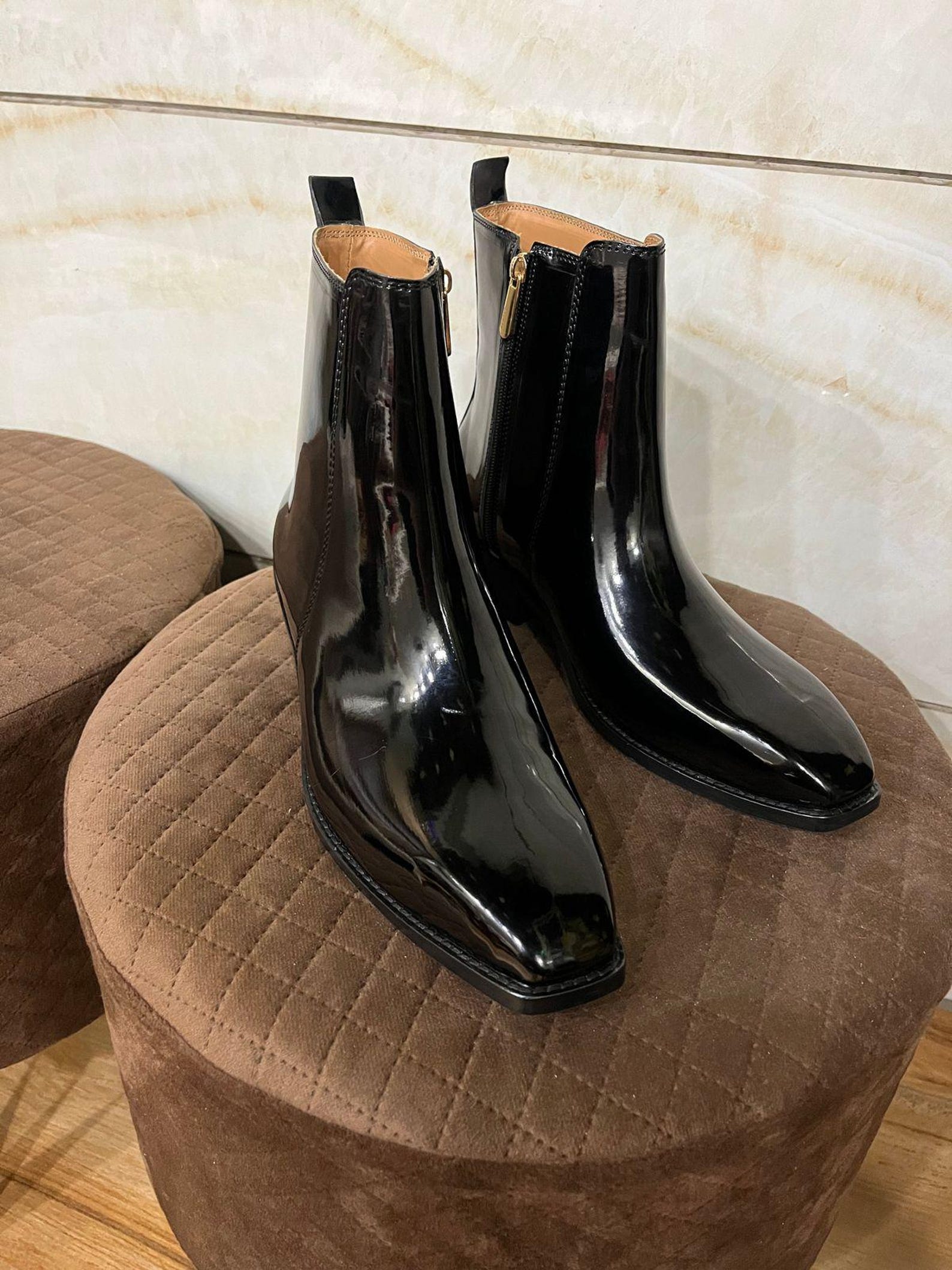 Men Italian Bespoke Handmade Black Patent Side Zipper Italian Toe Cut ...