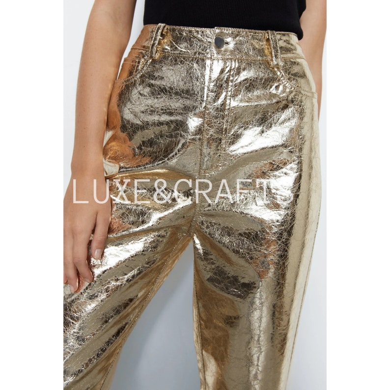 Women's Gold Metallic Foil Solid Tailored Western Leather Trousers ...