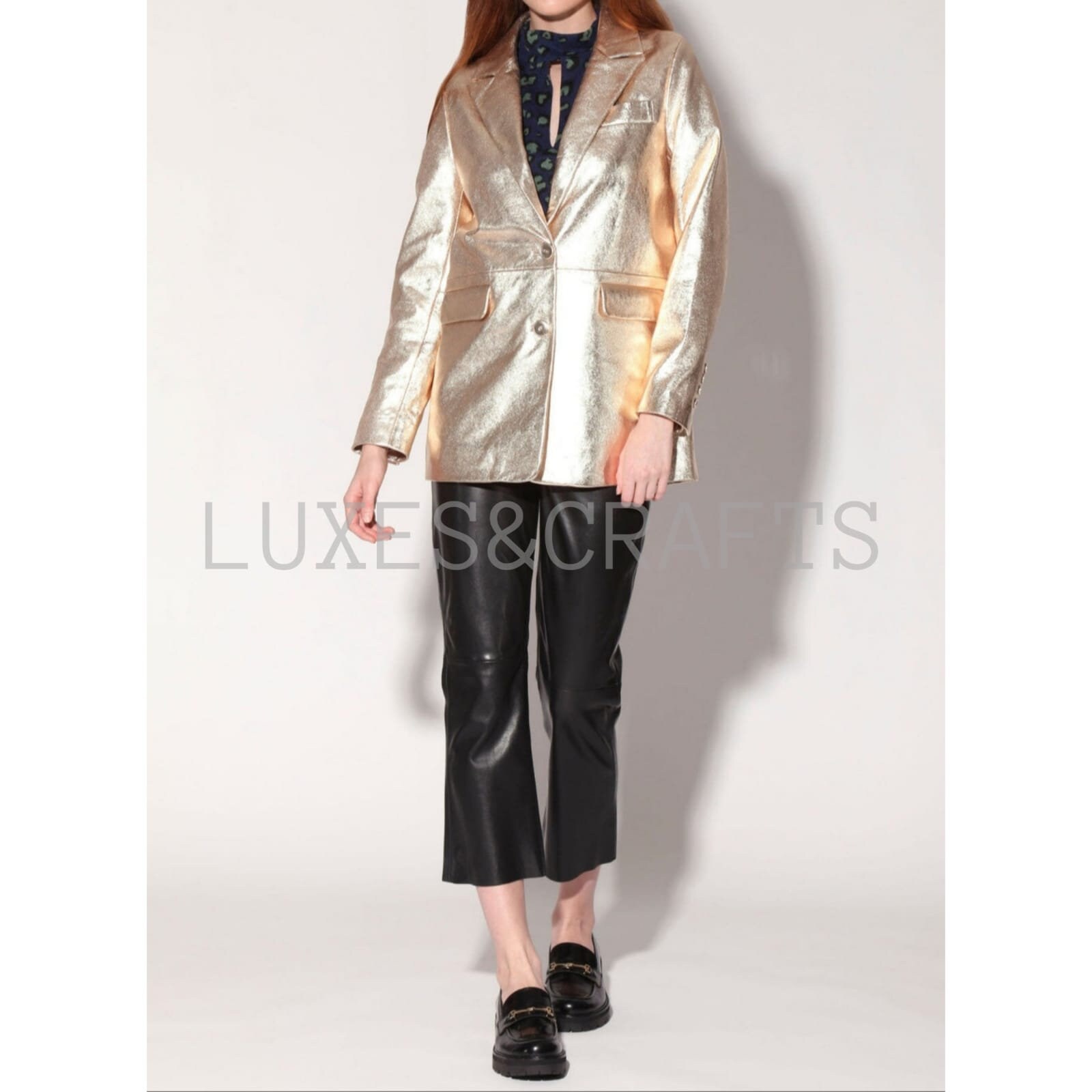 Women's Gold Metallic Foil Casual Tailored Leather Blazer, Women's Gold ...