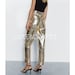 Women's Gold Metallic Foil Solid Tailored Western Leather Trousers ...