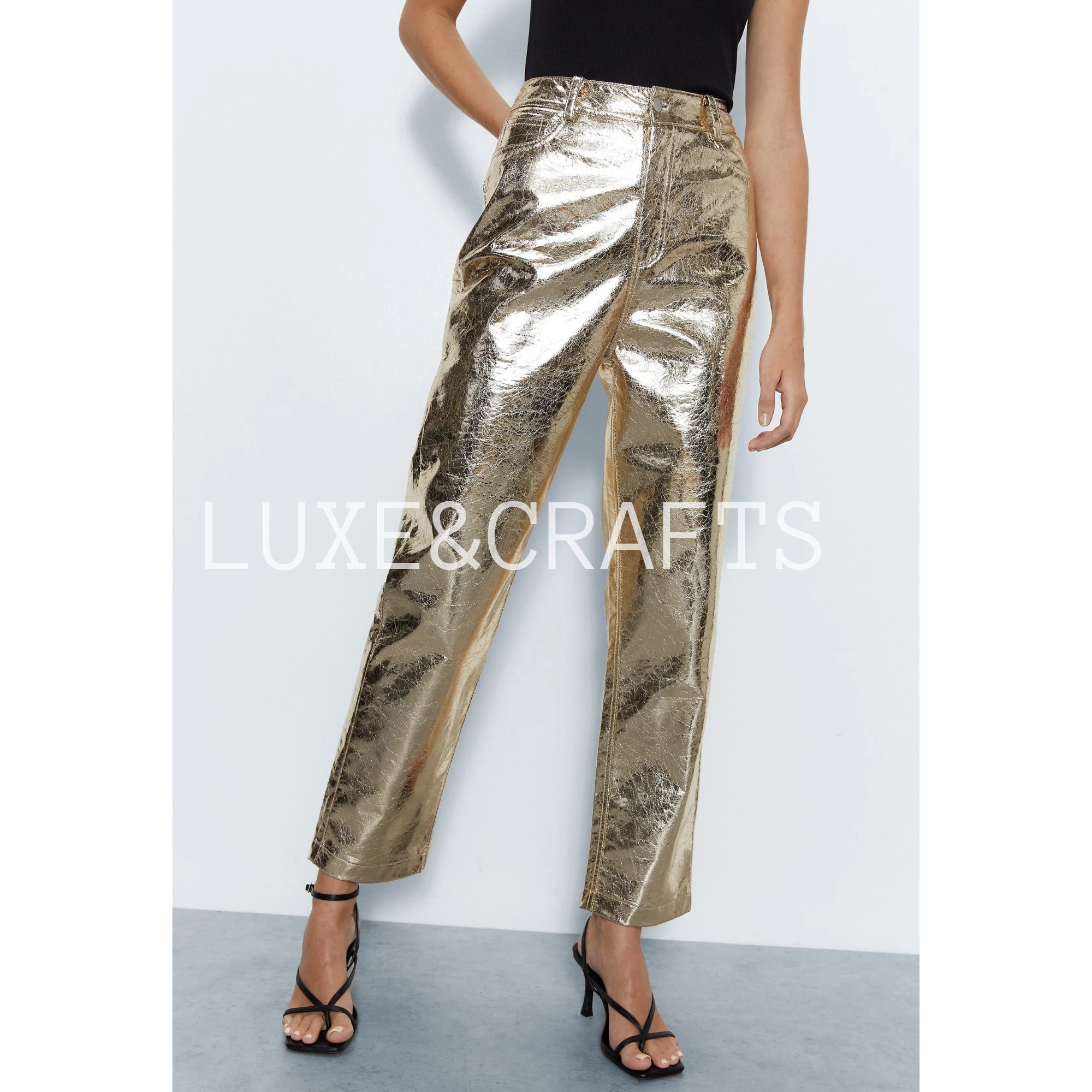 Women's Gold Metallic Foil Solid Tailored Western Leather Trousers ...