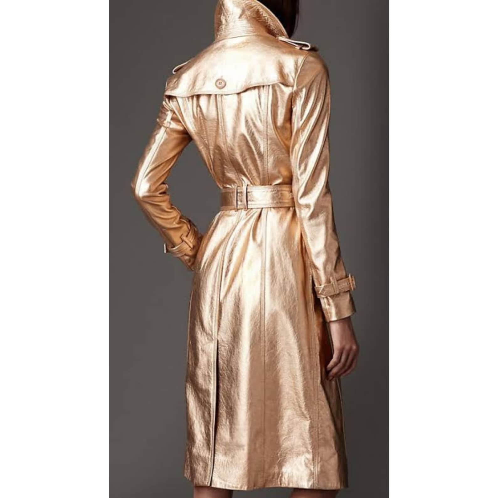 Women's Gold Metallic Foil Solid Casual Double Breasted Leather Trench ...