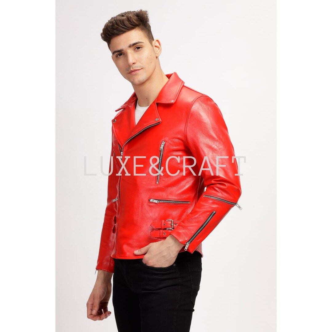 Men's Red Slim Fit Motorcycle Biker Leather Jacket, Men's Red Leather ...
