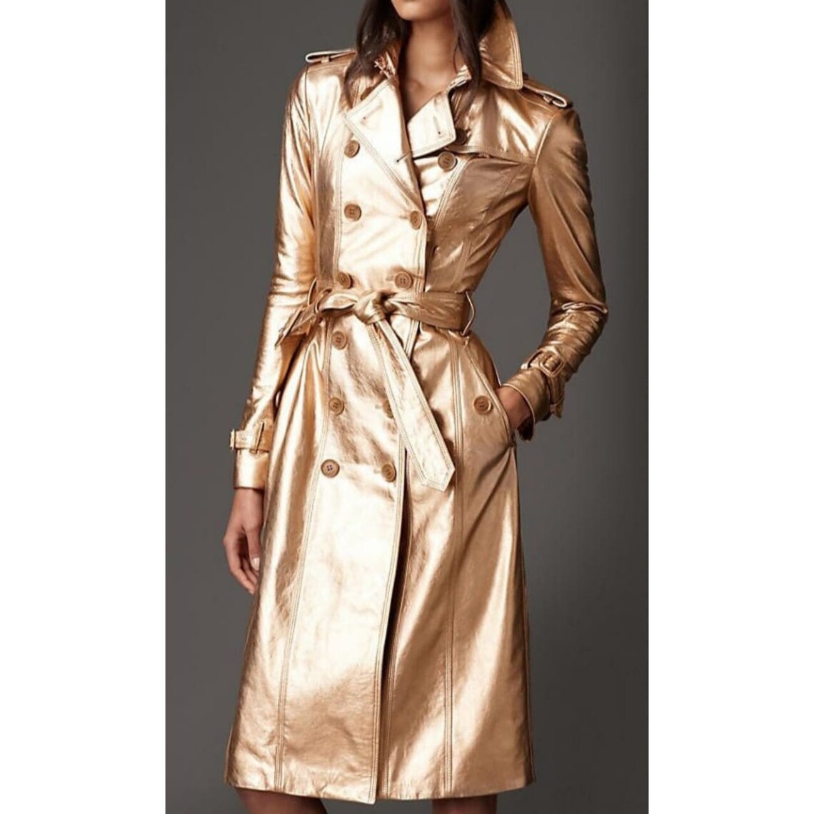 Women's Gold Metallic Foil Solid Casual Double Breasted Leather Trench ...