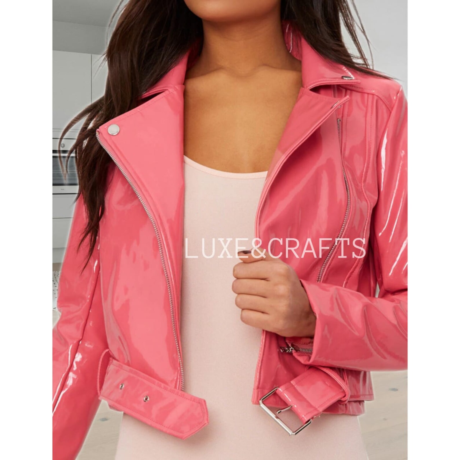 Women's Glossy Barbie Pink Patent Slim Fit Motorcycle Biker Leather ...