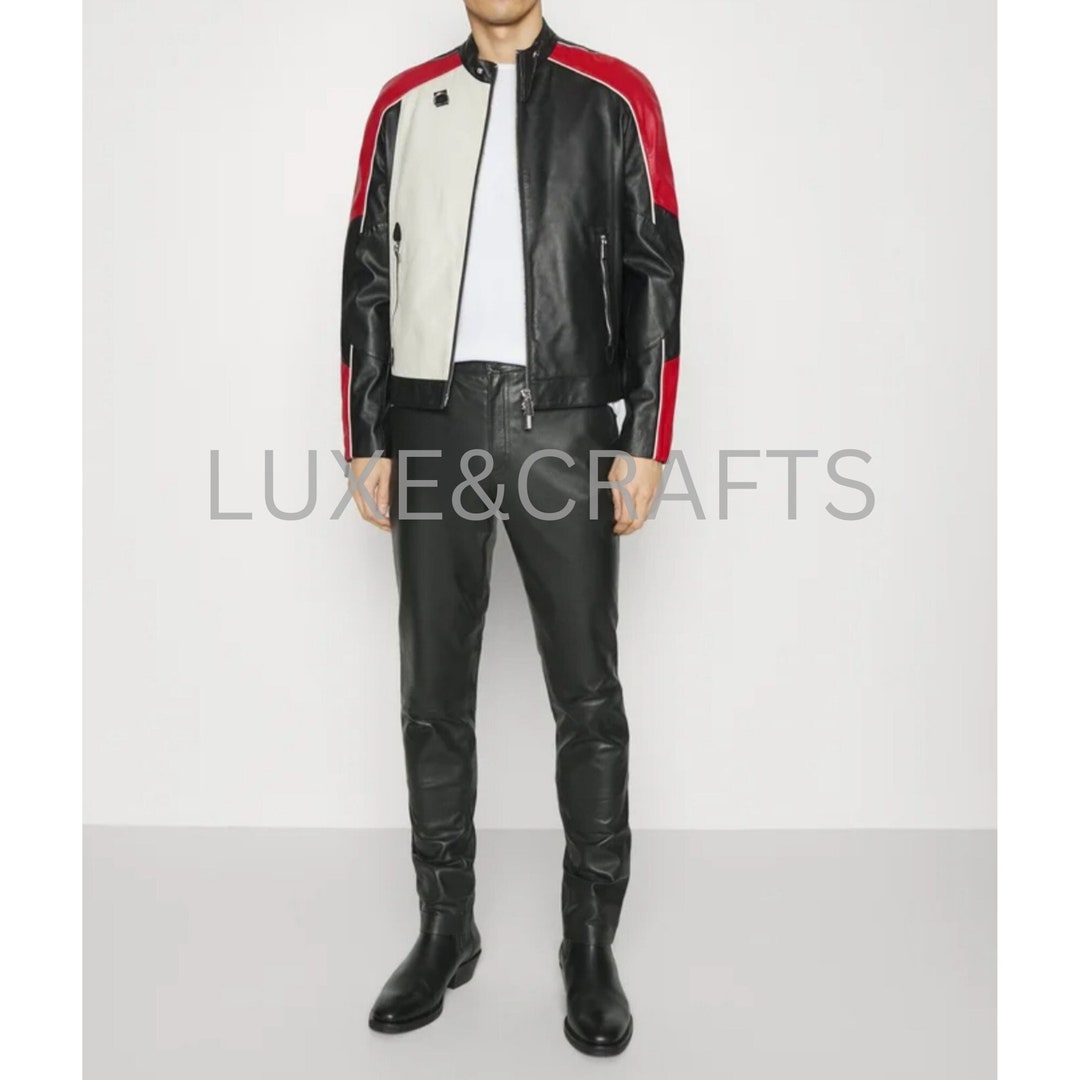 Men's Tri Color Solid Casual Motorcycle Biker Leather Jacket, Men's ...