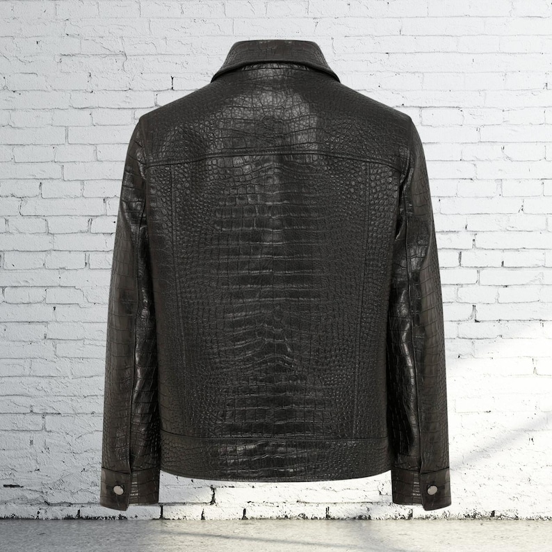 Men's Black Croc Embossed Effect Motorcycle Biker Genuine Lamb Leather ...