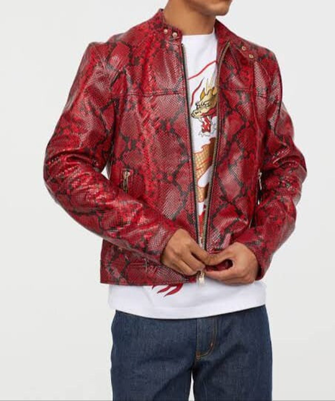 Men's Red Python Print Solid Casual Motorcycle Biker Leather Jacket ...