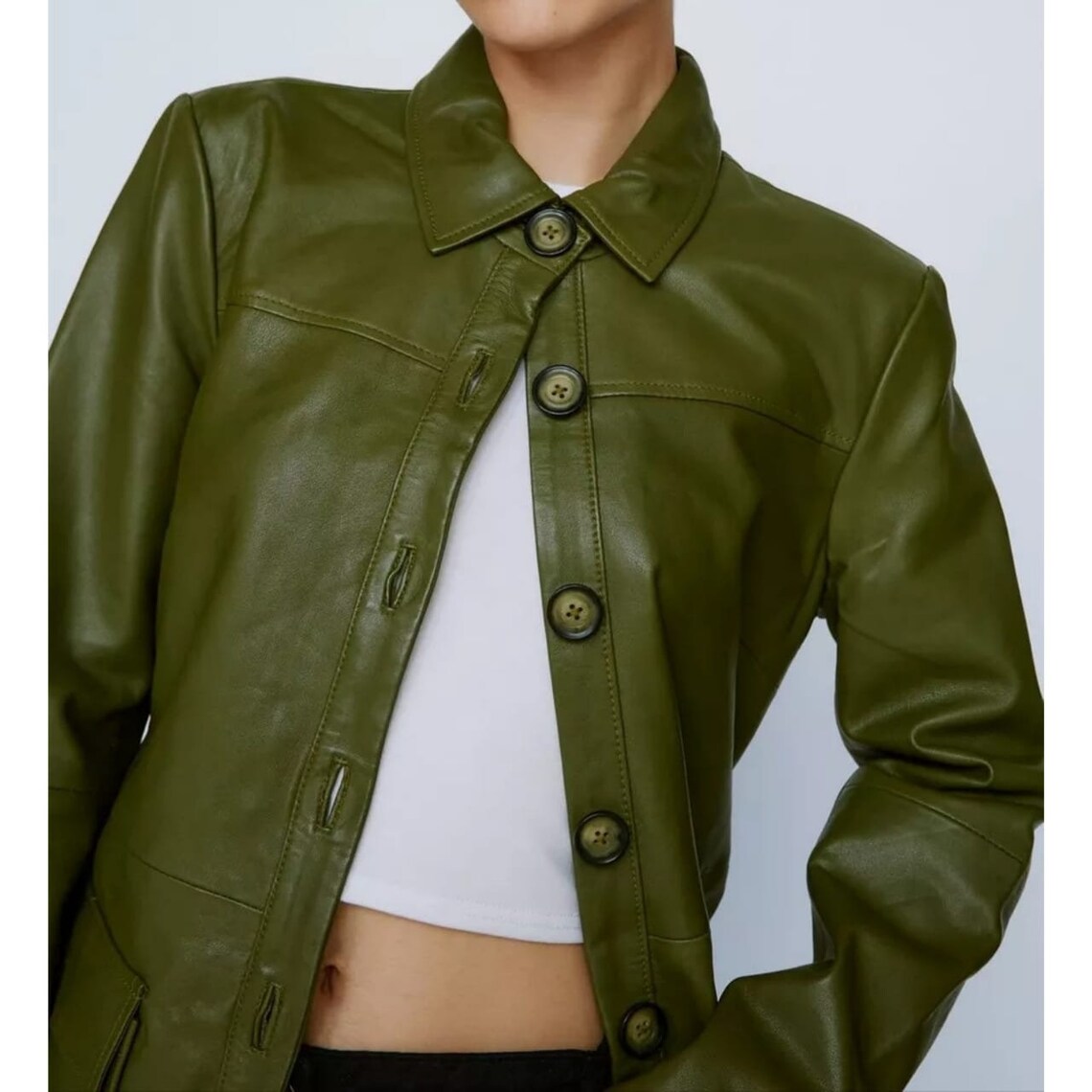 Women's Olive Green Oversized Solid Casual Leather Jacket, Women's ...
