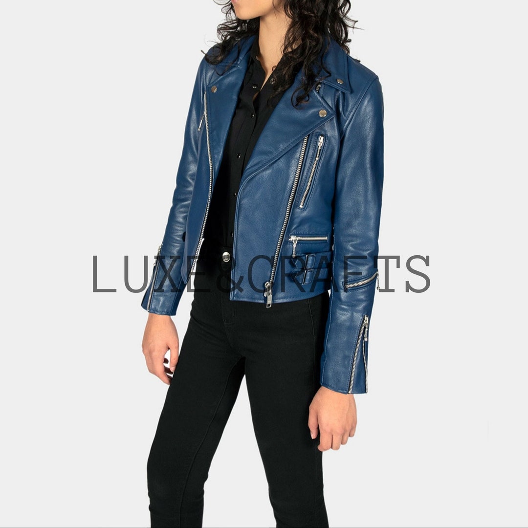 Women Navy Blue Solid Casual Motorcycle Biker Leather Jacket With ...