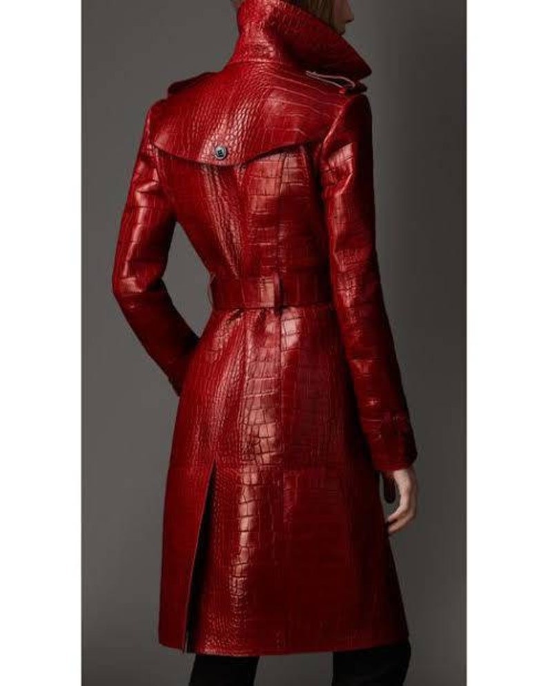 Women Red Crocodile Print Solid Double Breasted Leather Trench Coat ...