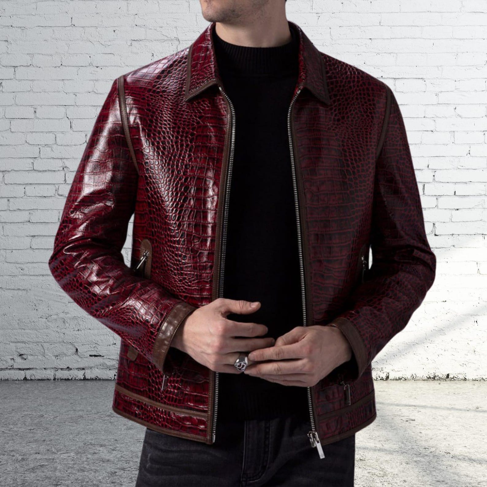 Mens Maroon Red - Black Croco Embossed Effect Two Tone Slim Fit ...
